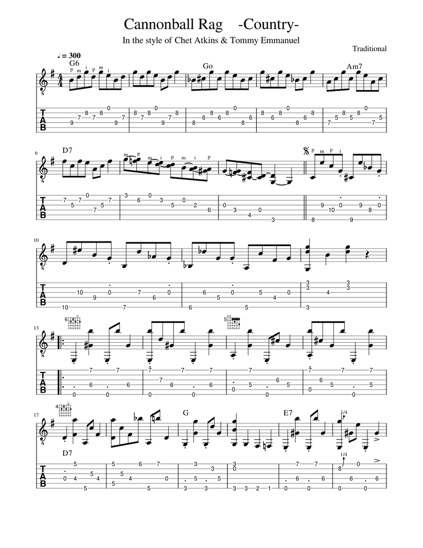 Cannonball Rag -Country- Sheet Music and Tab with Chords for Guitar ...
