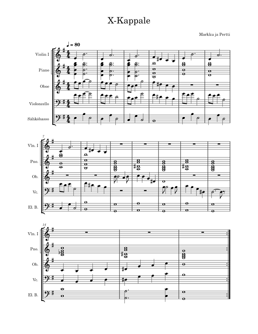 X-Kappale 1-Pertti Leinonen Sheet music for Piano, Oboe, Violin, Cello ...