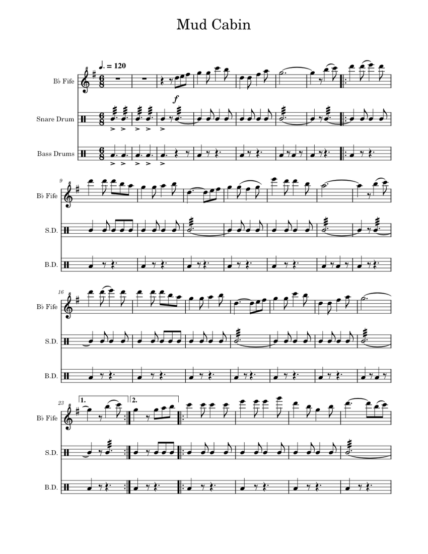Mud Cabin Sheet Music for Snare drum, Bass drum, Flute other (Mixed ...