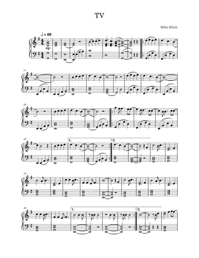 TV – Billie Eilish TV Sheet Music for Piano (Solo) easy | MuseScore.com