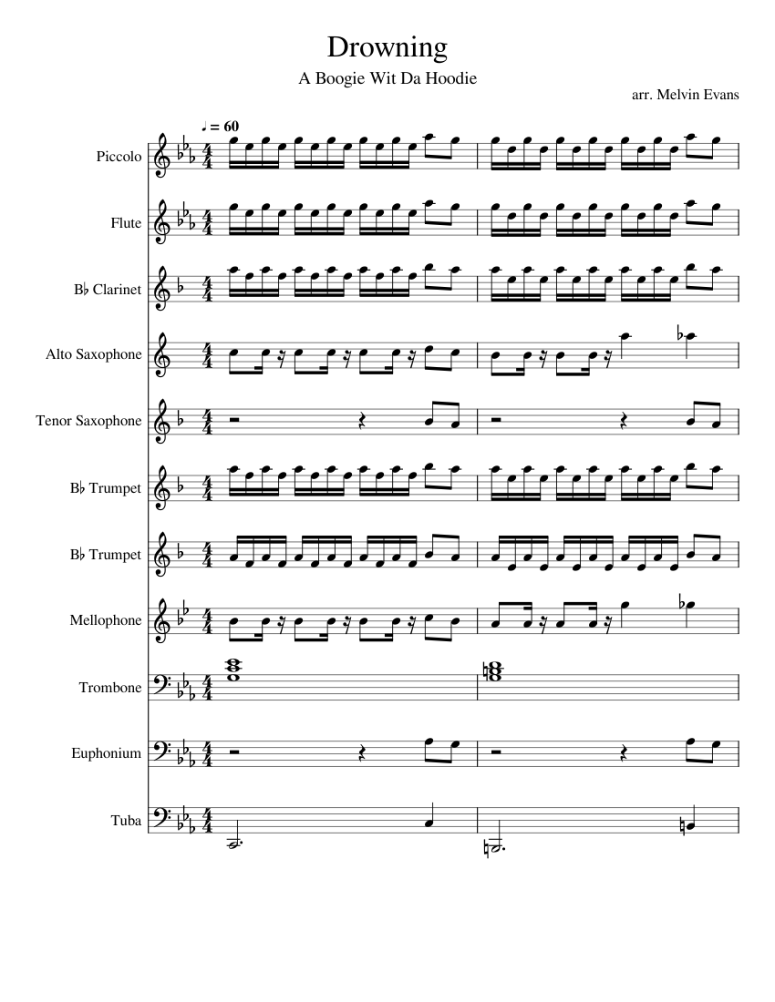 Drowning Sheet Music for Trombone, Euphonium, Tuba, Mellophone & more instruments (Marching Band ...