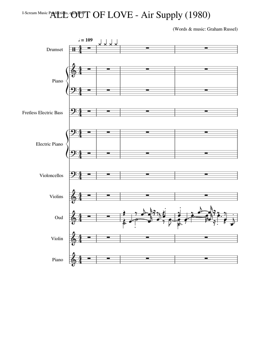 All Out Of Love Air Supply 1980 Sheet Music For Piano Violin Bass