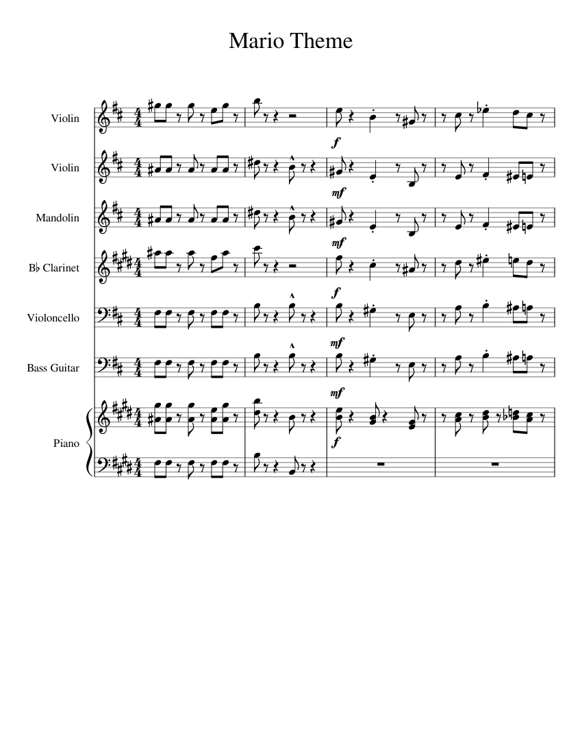 Mario Theme Sheet music for Piano, Clarinet in b-flat, Violin, Cello ...