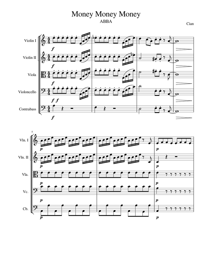 Money Money Money Sheet Music for Contrabass, Violin, Viola, Cello ...
