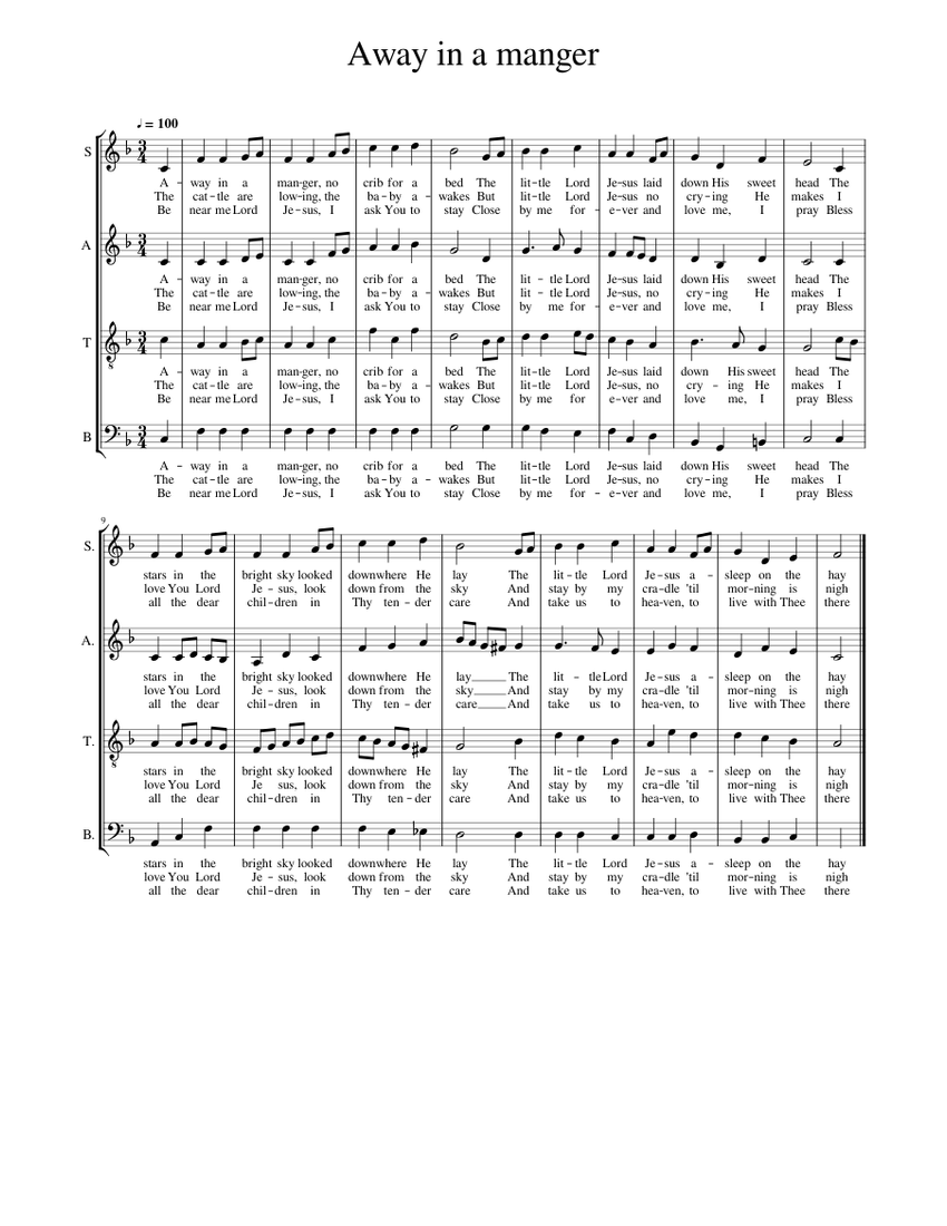 Away in a manger Sheet Music for Soprano, Alto, Tenor, Bass voice (SATB ...