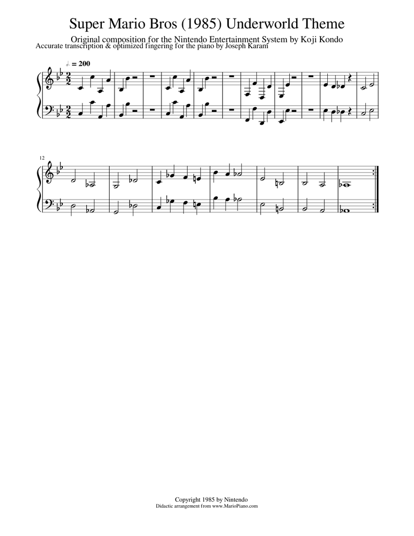Super Mario Bros 1985 Underworld Theme Sheet Music for Piano (Solo ...