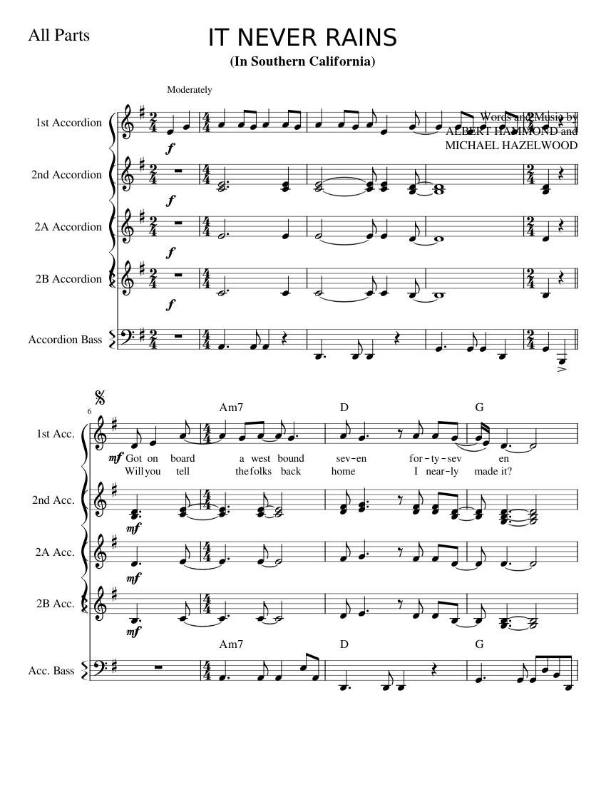 It Never Rains In Southern California Sheet music for Accordion (Piano ...