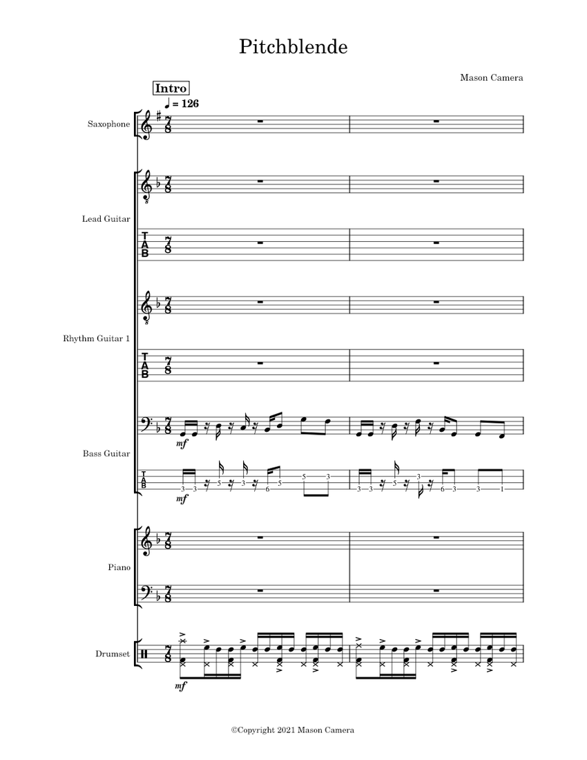 Pitchblende Sheet music for Piano, Guitar, Bass guitar, Drum group ...