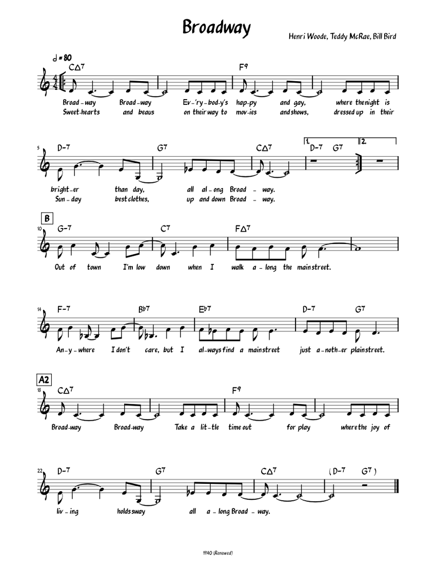 Broadway (Lead sheet with lyrics ) Sheet Music with Chords for Piano ...