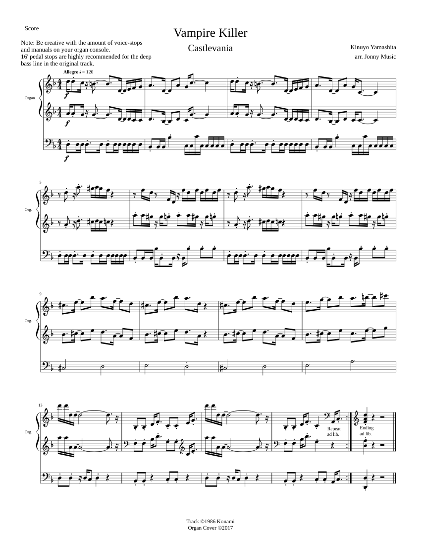 Vampire Killer (Castlevania) Organ Cover Sheet Music for Organ (Solo ...