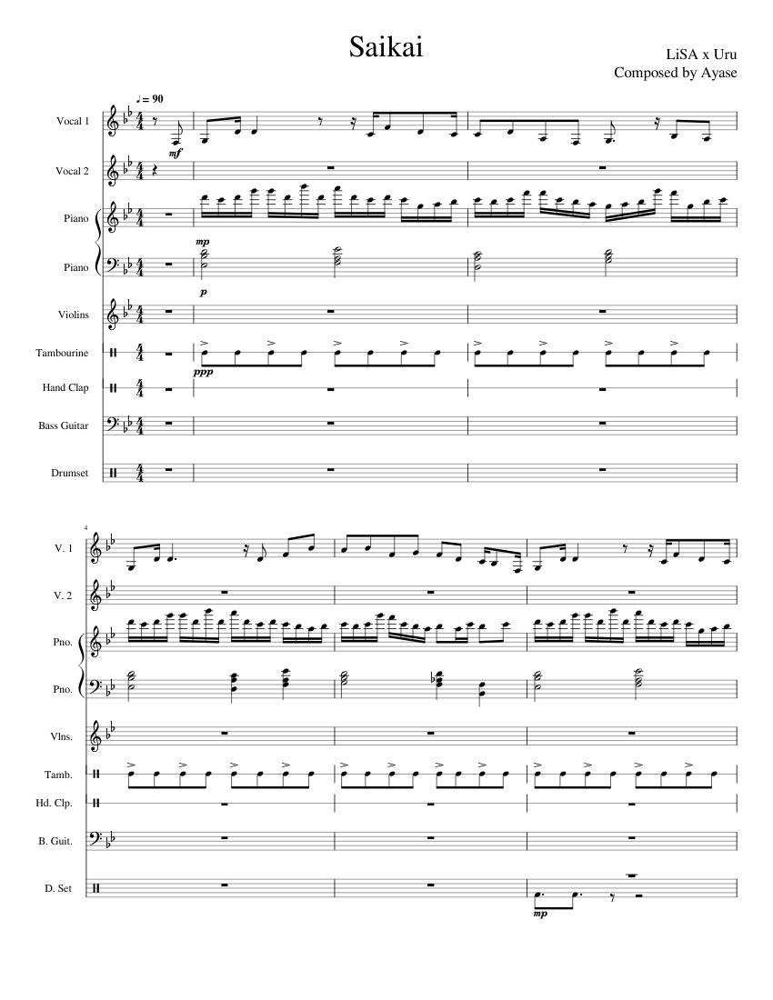 Saikai - Ayase Sheet Music for Piano, Tambourine, Bass guitar, Drum ...