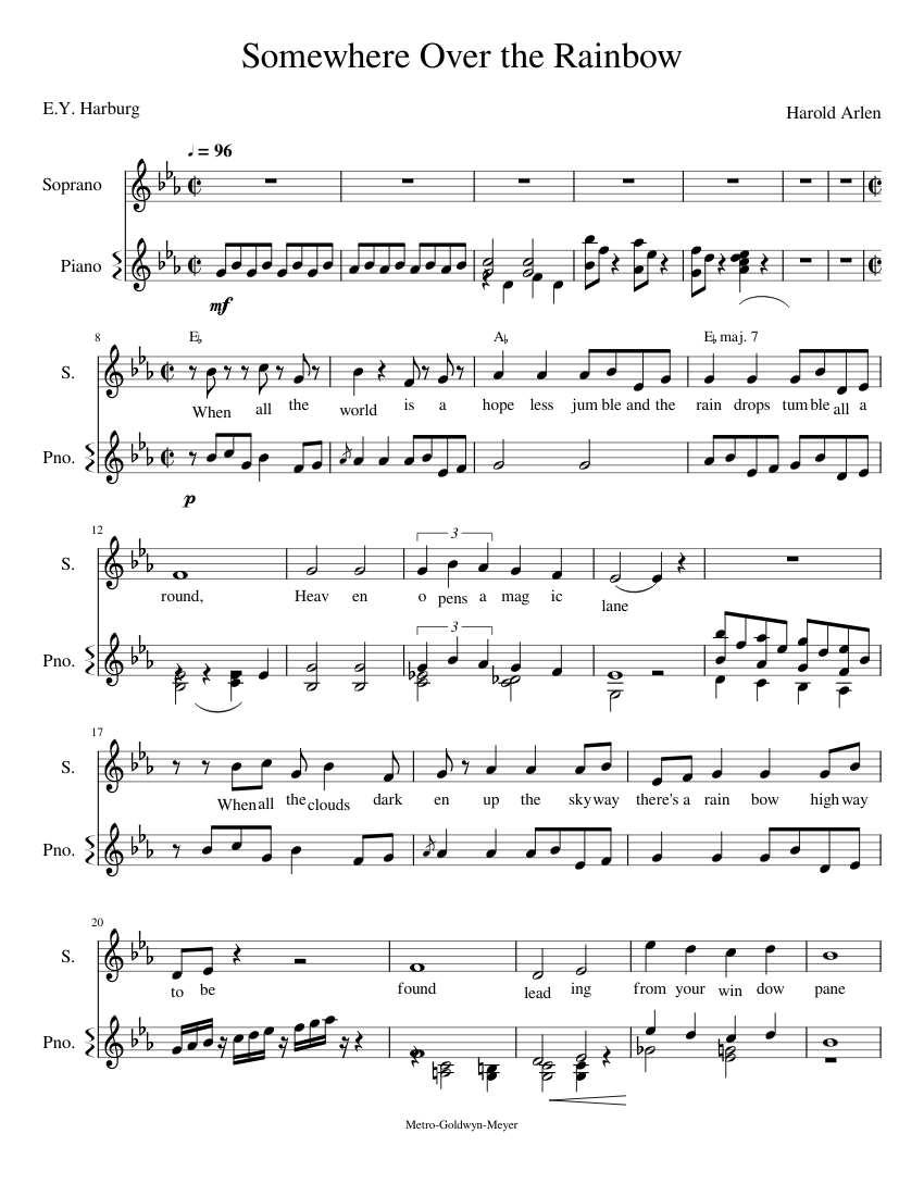Somewhere Over the Rainbow Sheet Music for Piano, Soprano (Piano-Voice ...