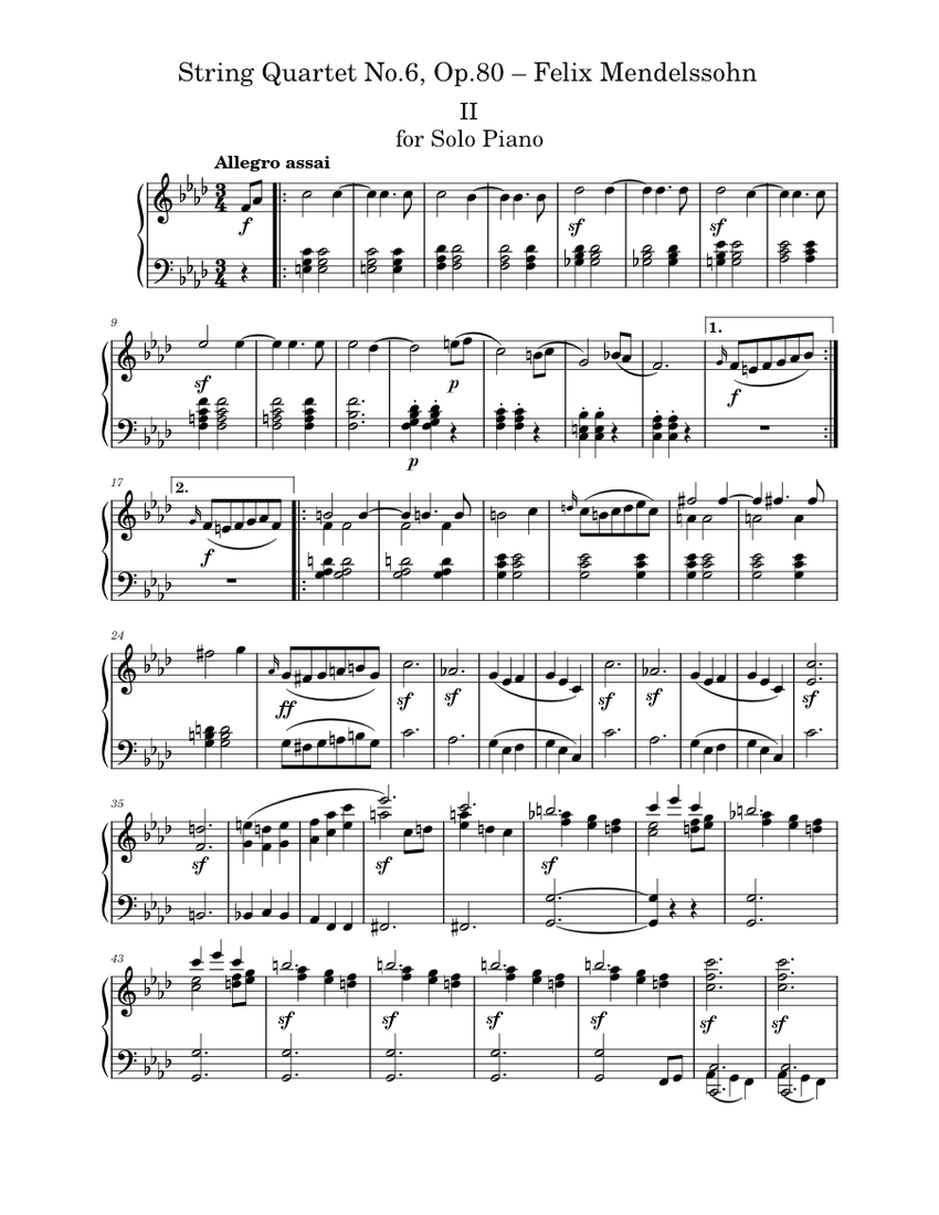 String Quartet No.6, Op.80 – Felix Mendelssohn II for solo piano Sheet music for Piano (Solo ...