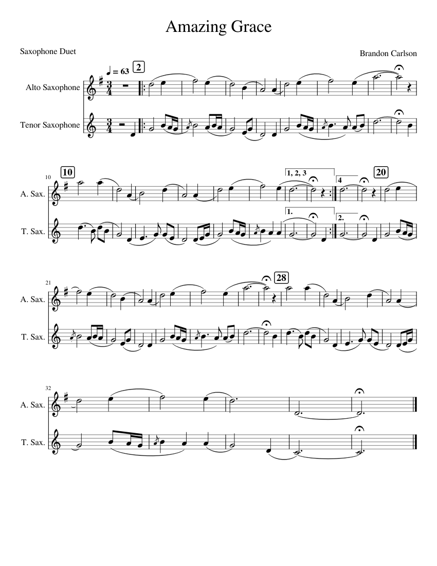 Amazing_Grace Sheet Music for Saxophone alto, Saxophone tenor (Woodwind ...