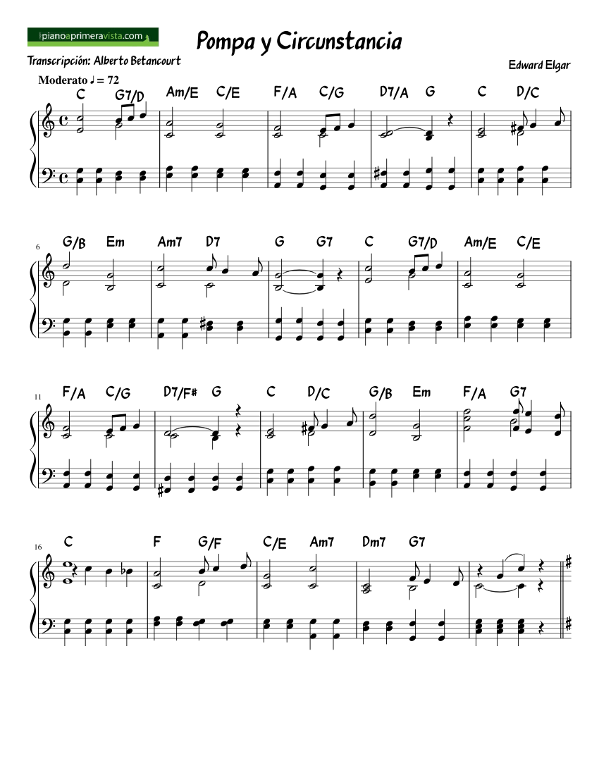 Pompa y Circunstancia piano Sheet Music with Chords for Piano (Solo ...