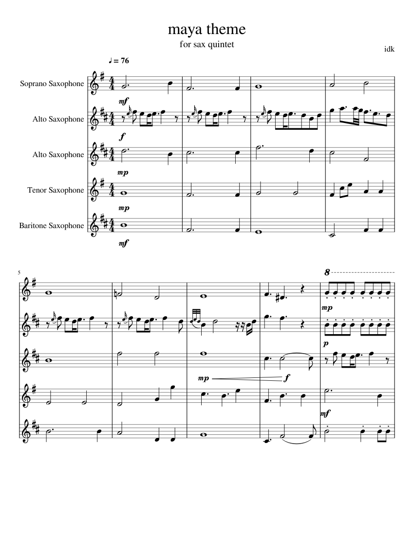 maya theme Sheet music for Saxophone alto, Saxophone tenor, Saxophone ...