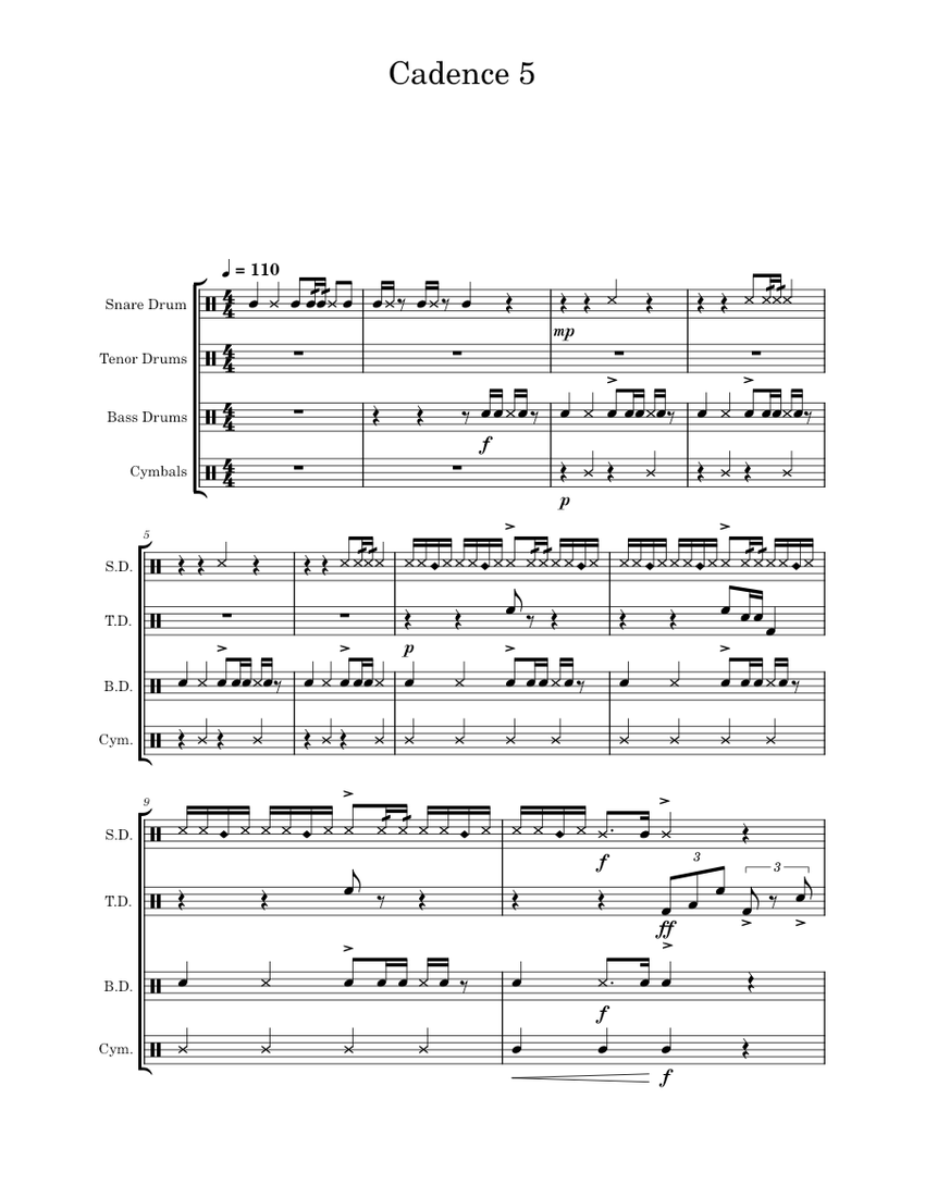 CADENCE 5 Sheet music for Snare drum, Crash, Tenor drum, Bass drum ...