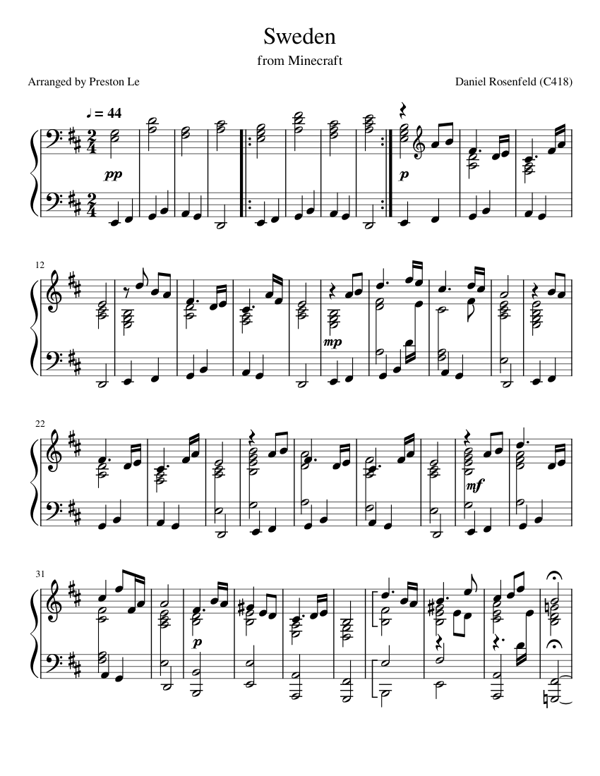 Sweden - Minecraft (Piano Solo) Sheet Music for Piano (Solo) easy ...