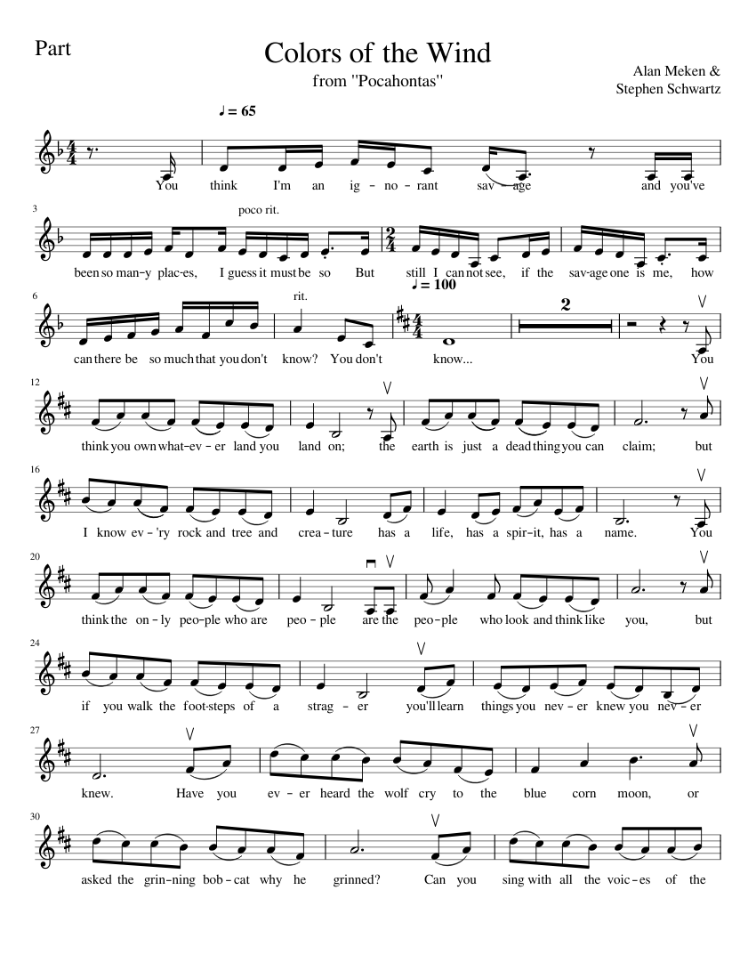 Colors of the Wind Sheet Music with Chords for Violin (Solo ...