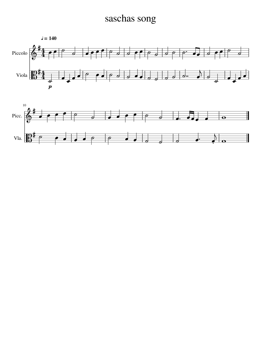 Saschas song Sheet music for Flute piccolo, Viola (Solo) | Musescore.com