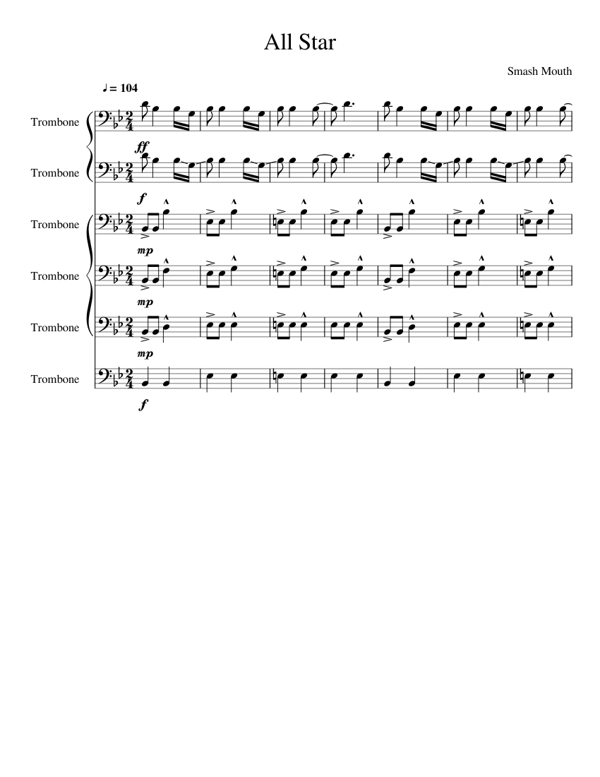 All Star (Trombone Sextet) Sheet Music for Trombone, Trombone bass ...