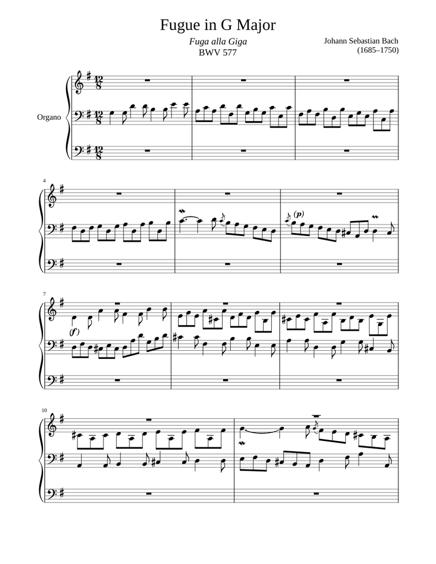 Fugue BWV 577 in G Major, “Fuga alla Giga” Sheet Music for Organ (Solo ...