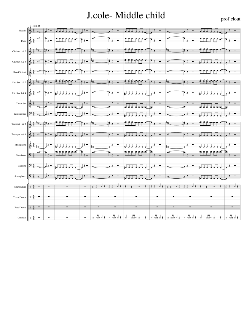J cole Middle child Sheet Music for Trombone, Tuba, Flute piccolo ...
