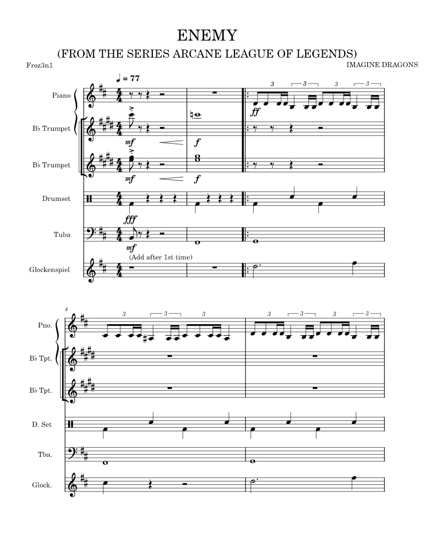 ENEMY- IMAGINE DRAGONS Sheet Music for Piano, Tuba, Trumpet in b-flat ...