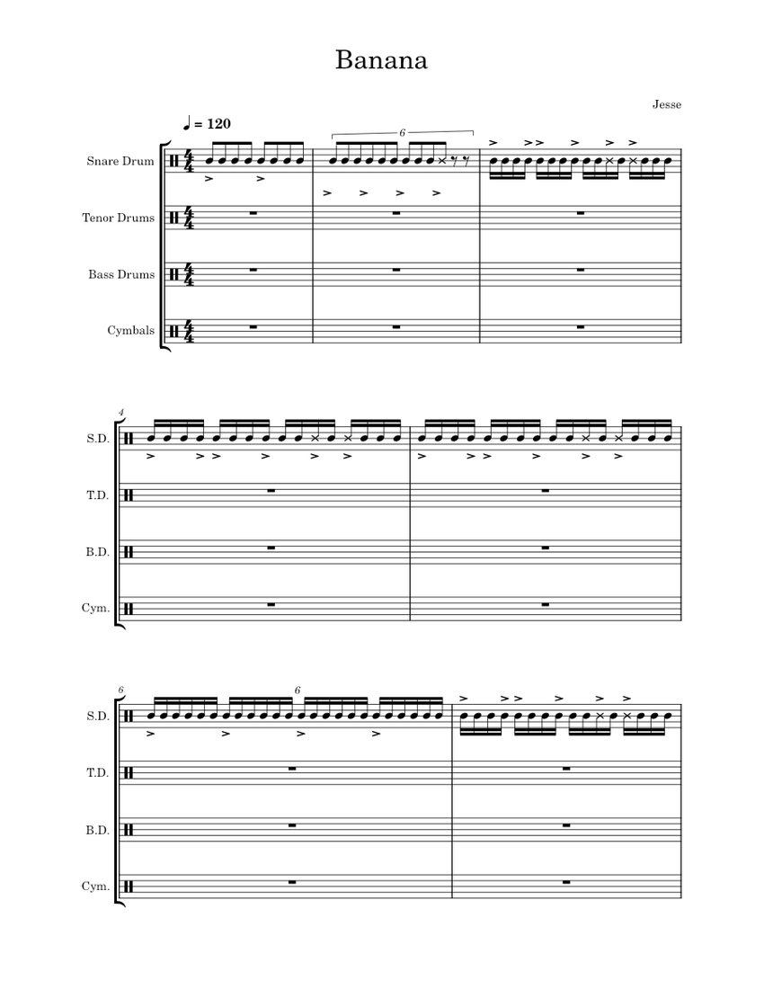 Banana Sheet Music for Snare drum, Crash, Tenor drum, Bass drum ...