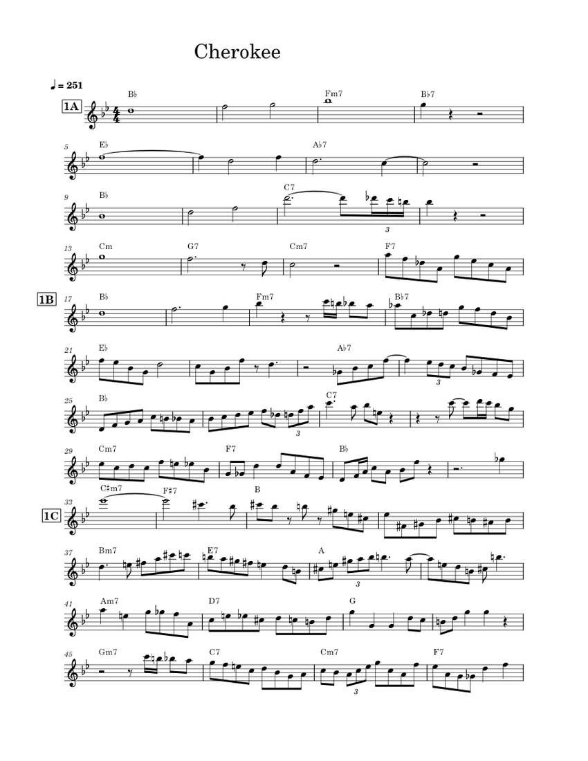 Cherokee Transcription Charlie Parker Sheet Music with Chords for Piano ...