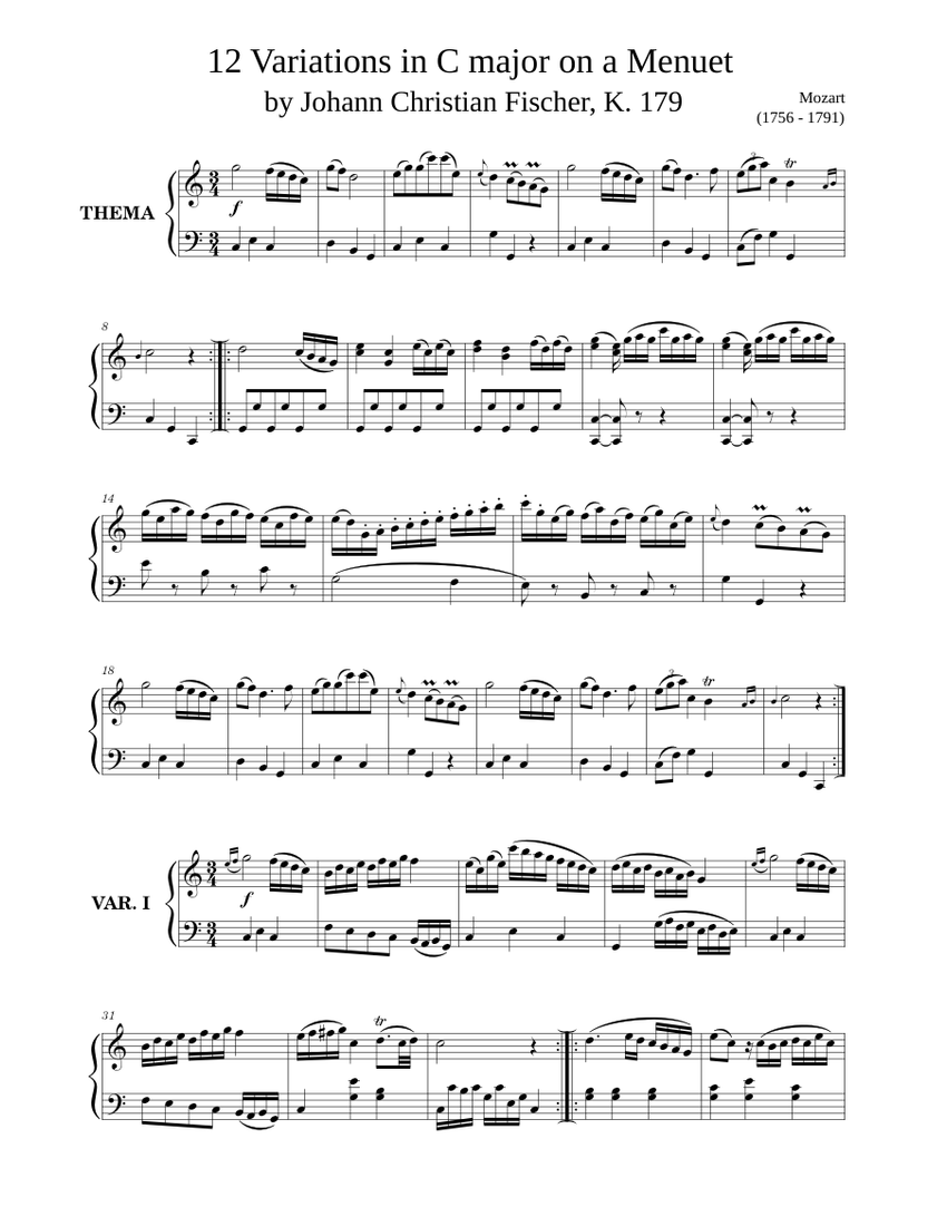 12 Variations in C major on a Menuet, K. 179 – Wolfgang Amadeus Mozart Sheet music for Piano ...