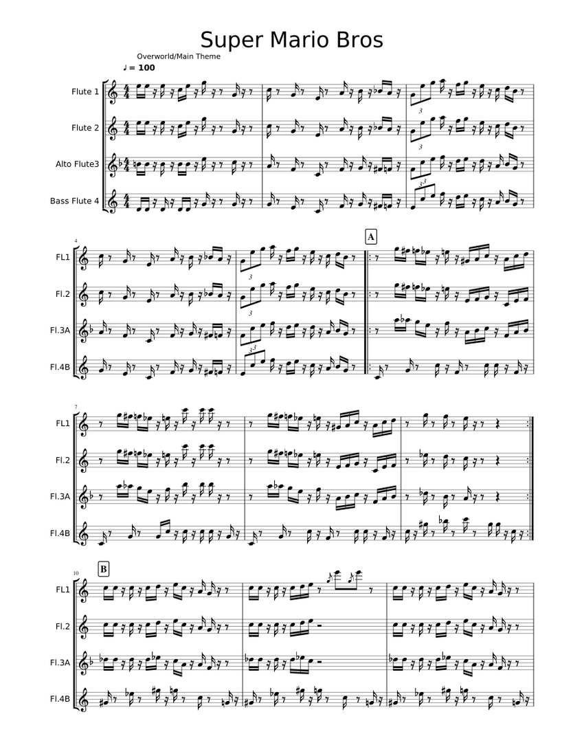 Super mario bros Sheet Music for Flute (Woodwind Quartet) | MuseScore.com