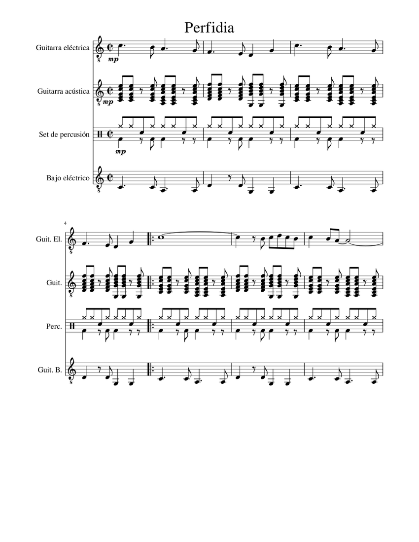 Perfidia Sheet Music for Guitar, Bass guitar, Drum group (Mixed Quartet ...