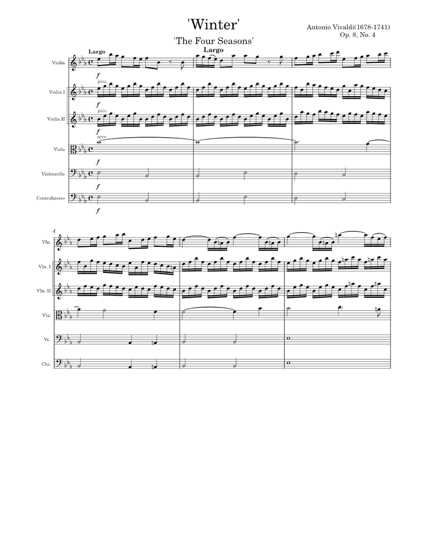 From Vivaldi's Four Seasons: Winter, Largo, RV 297 "L'Iverno" Sheet ...