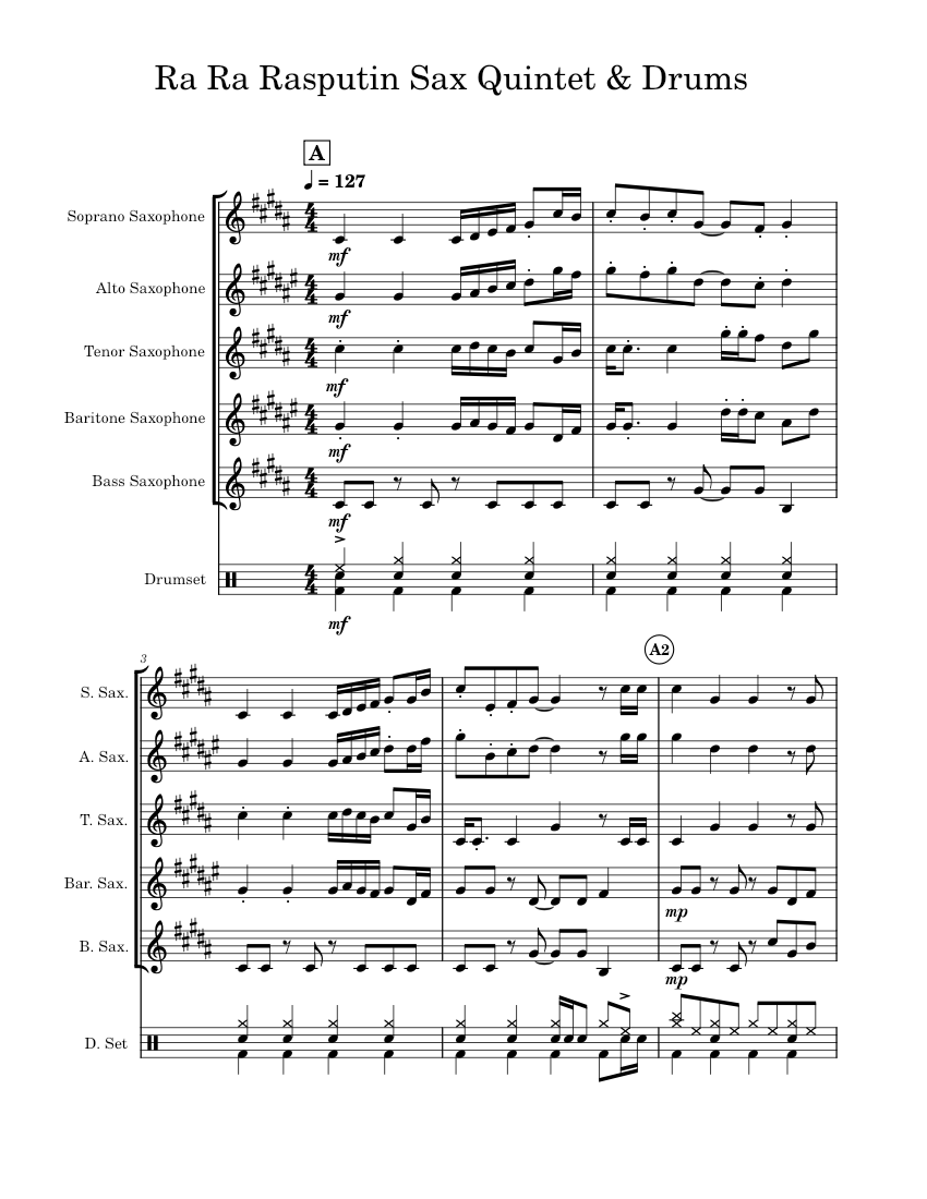 Rasputin – Boney M. Ra Ra Rasputin for Sax Quintet and Drums Sheet ...