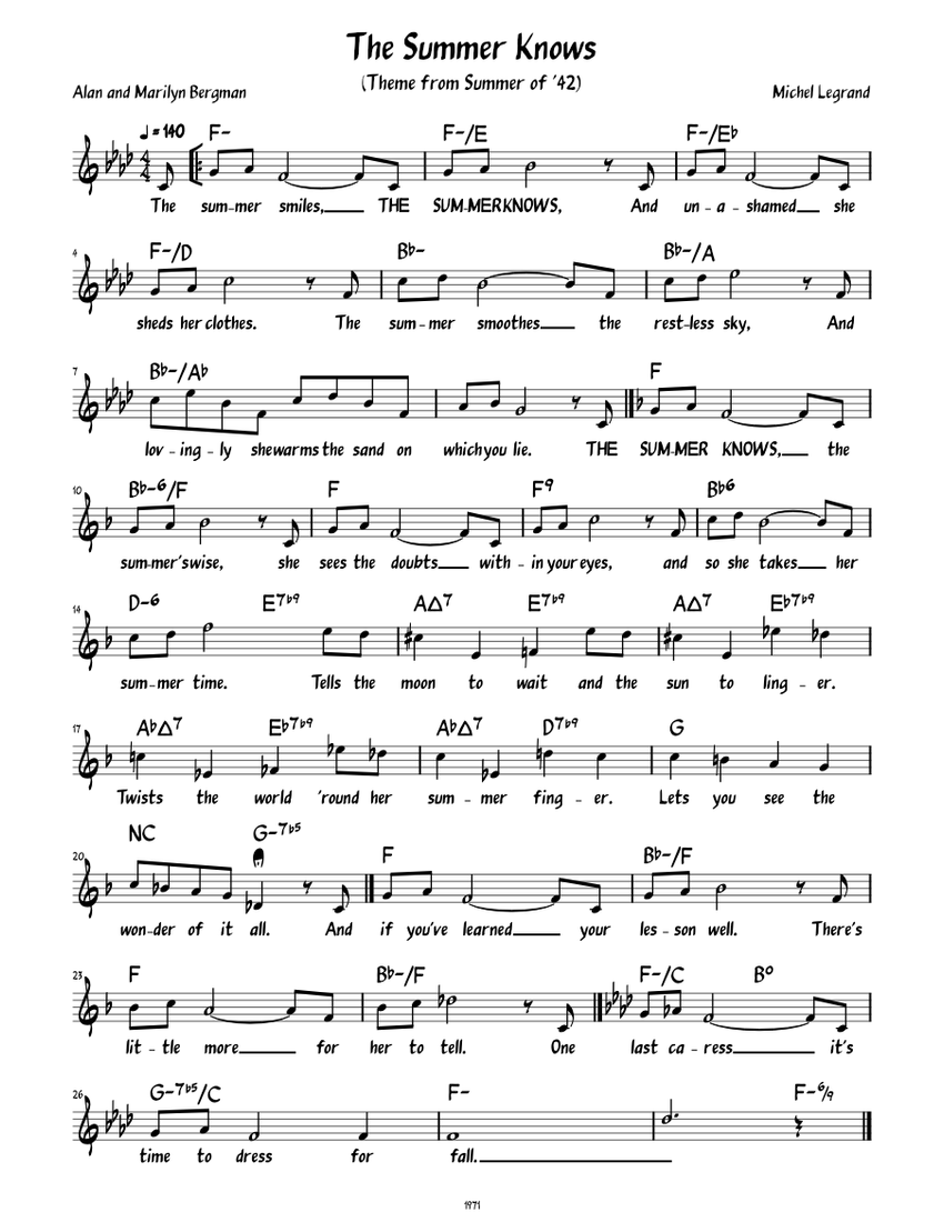 The Summer Knows (Lead sheet with lyrics ) - piano tutorial