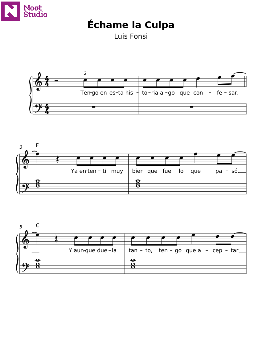 Échame la Culpa by Luis Fonsi Sheet Music with Chords for Piano (Piano ...