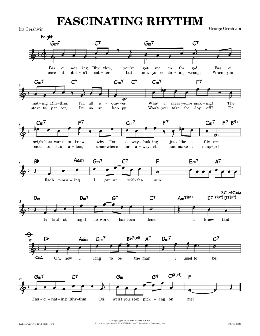 Fascinating Rhythm Sheet Music with Chords for Piano (Solo) Easy ...