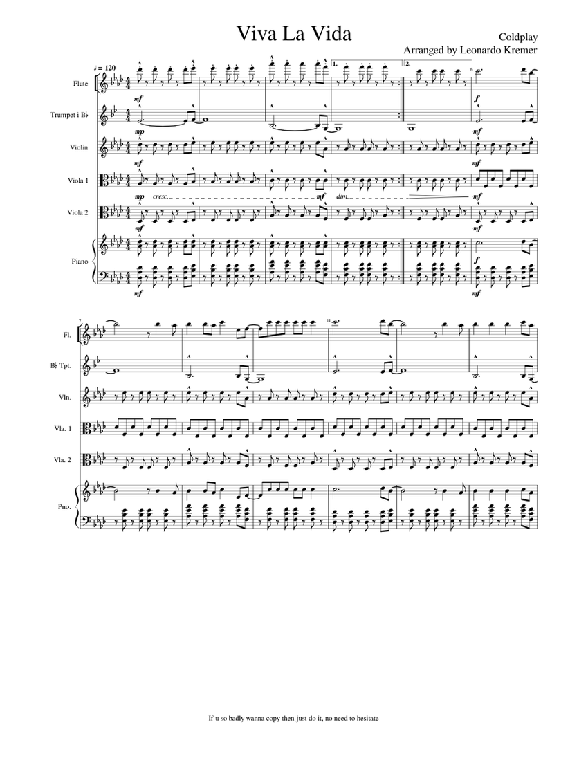Viva La Vida Sheet music for Piano, Flute, Trumpet in b-flat, Violin ...