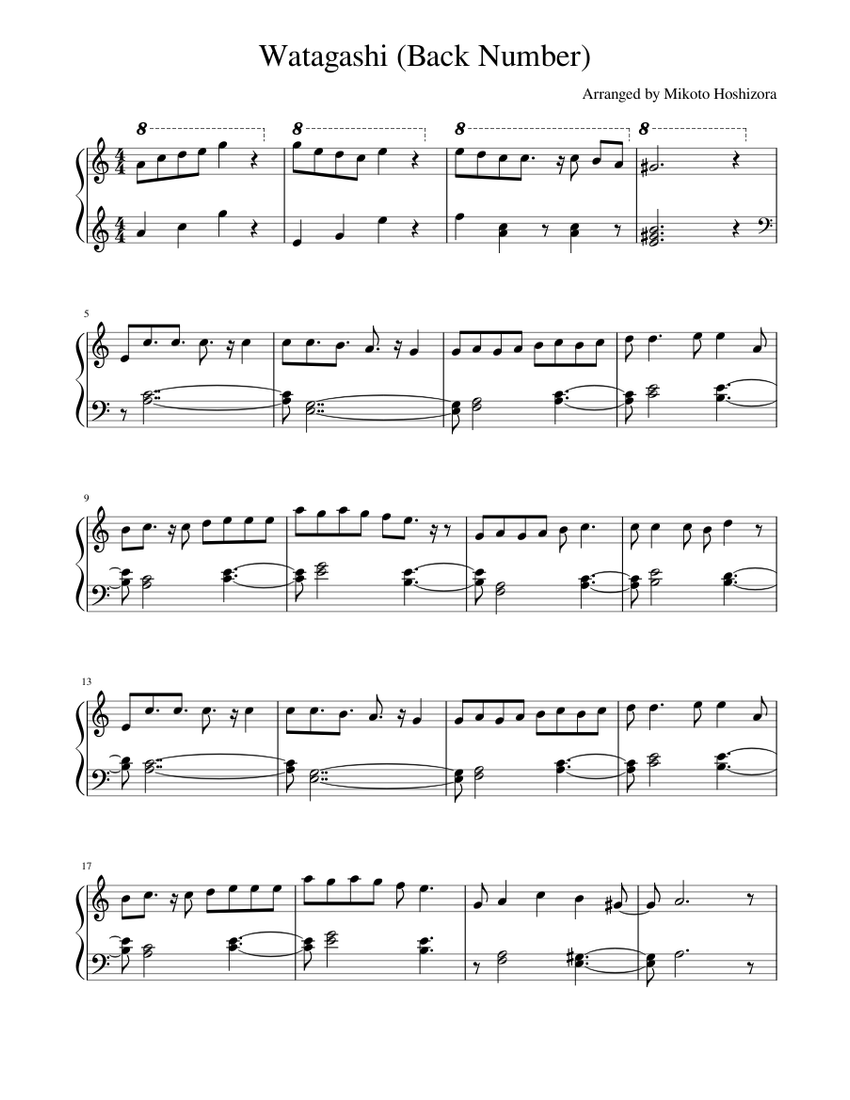 Watagashi Back Number Sheet Music for Piano (Solo) Easy | MuseScore.com