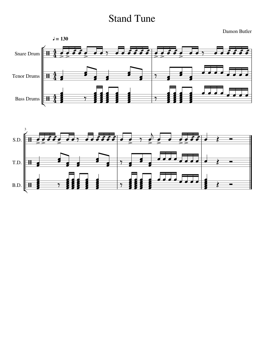 Stand Tune Sheet music for Snare drum, Crash, Tenor drum, Bass drum ...