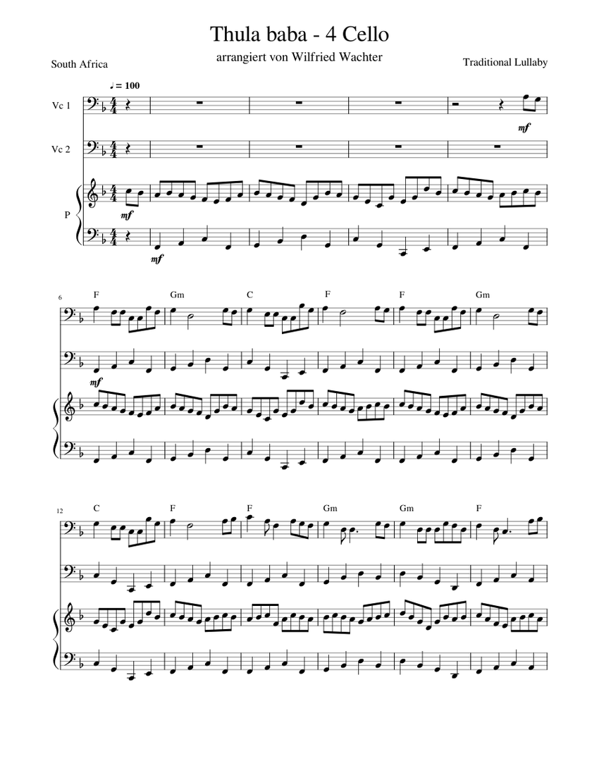 Thula_baba Sheet music for Piano, Cello (Mixed Trio) | Musescore.com