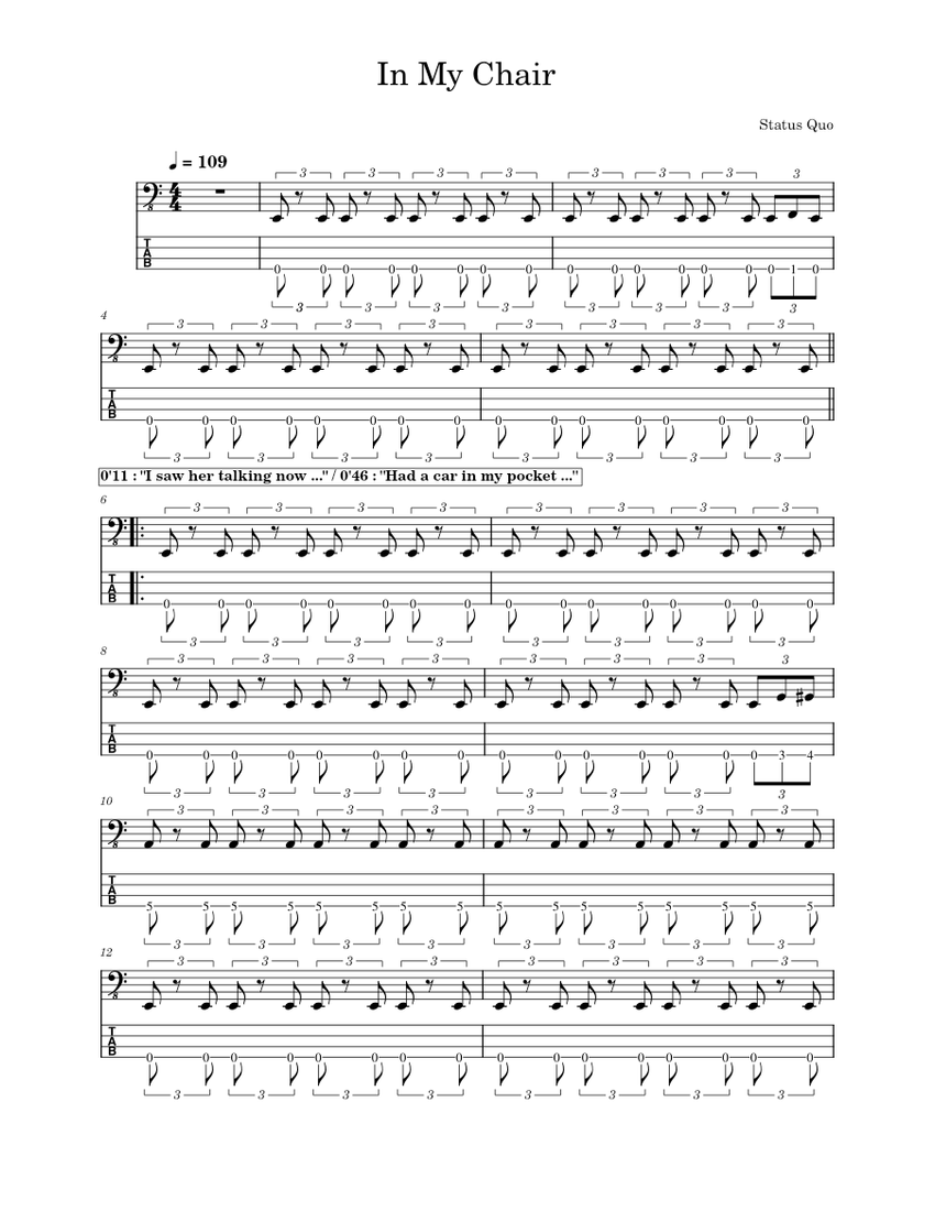 In my chair – Status Quo Sheet Music and Tab for Bass guitar (Solo ...