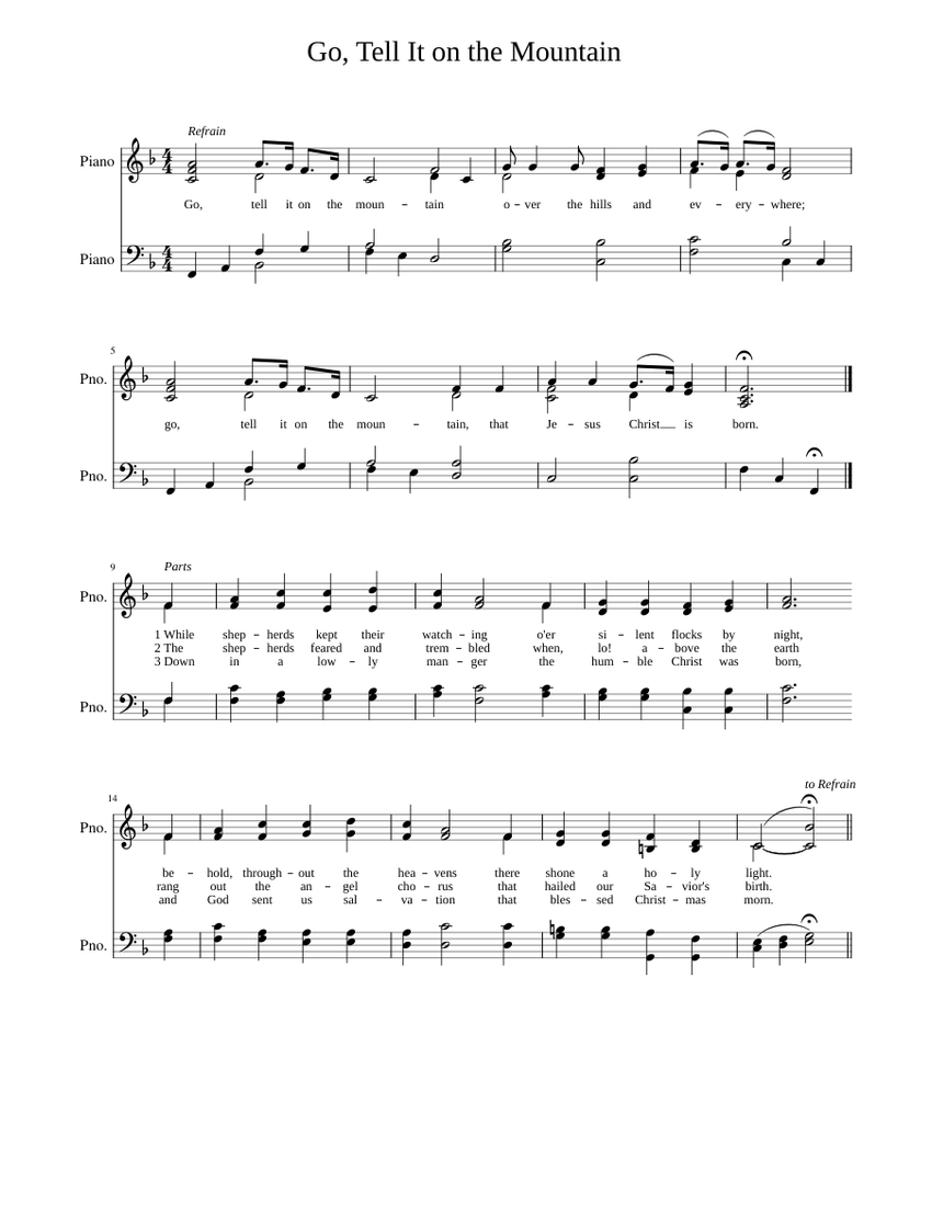 Go, Tell It on the Mountain Sheet Music for Piano (Piano Duo ...