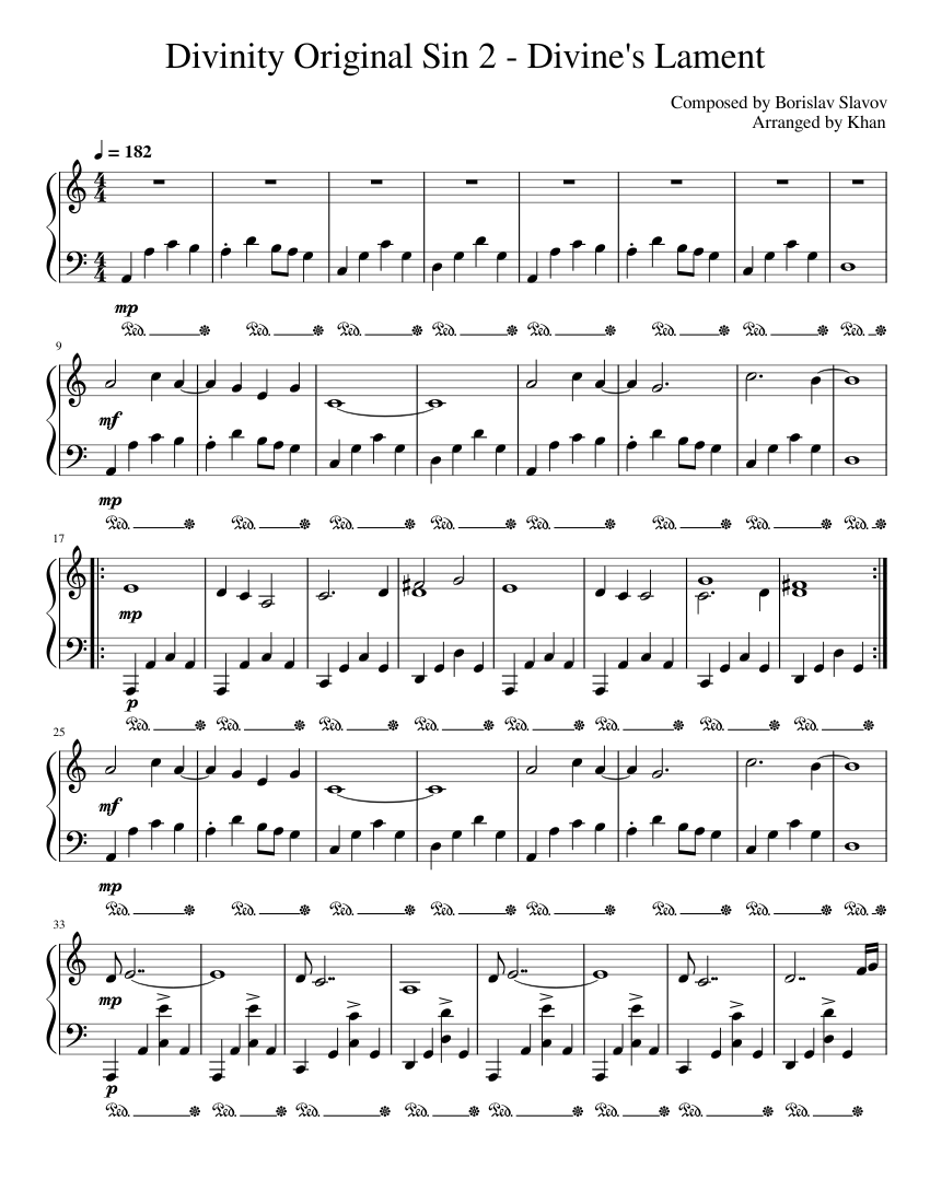 Divinity Original Sin 2 - Divine's Lament Sheet Music for Piano (Solo ...