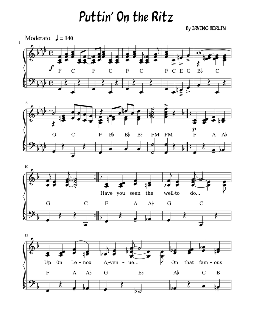 Puttin' On the Ritz Sheet Music with Chords for Accordion (Solo ...