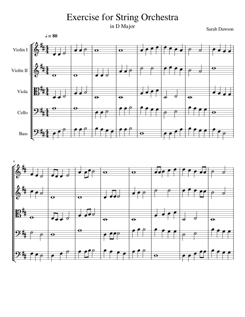 Exercise for String Orchestra in D Major Sheet Music for Contrabass ...