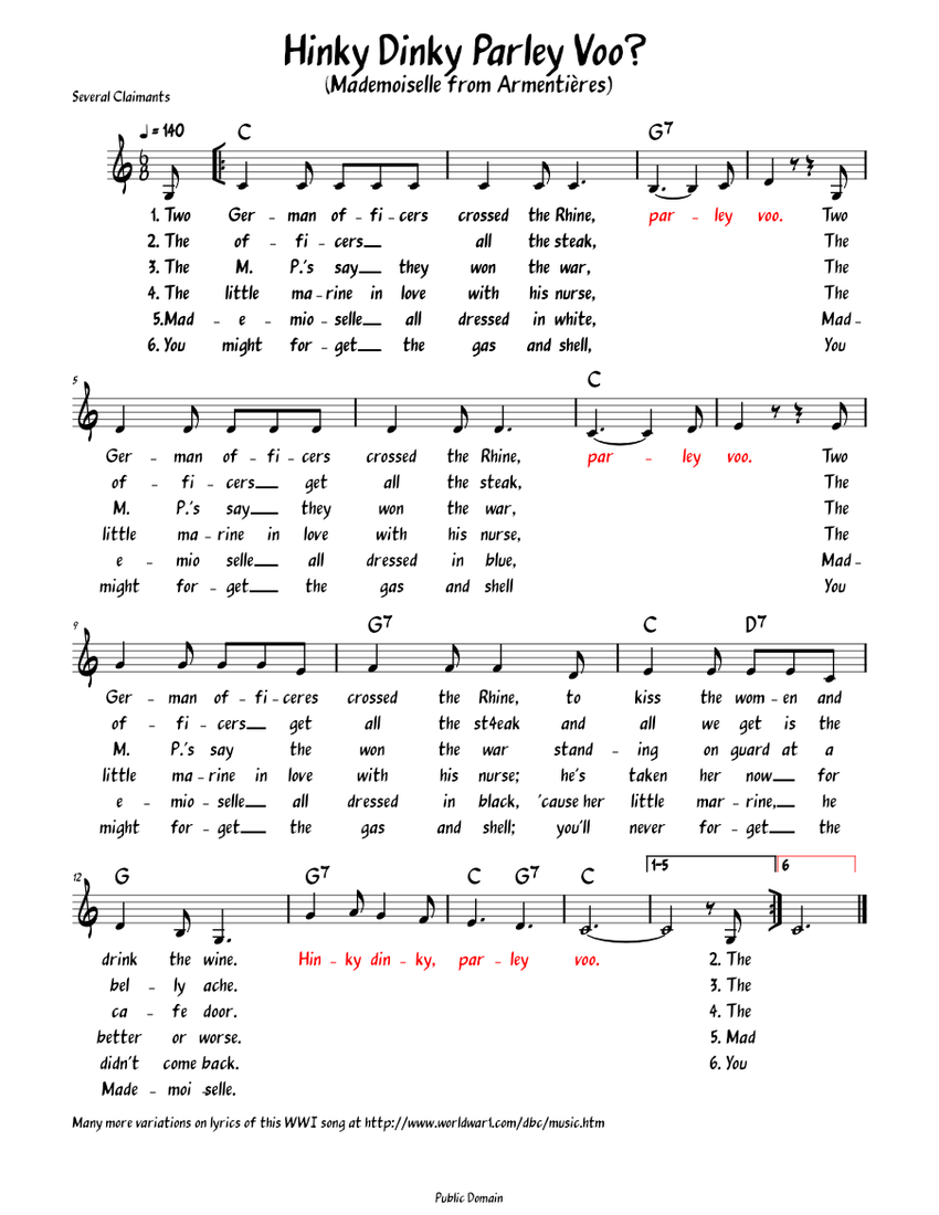 Hinky Dinky Parley Voo (Lead sheet with lyrics ) Sheet music for Piano ...