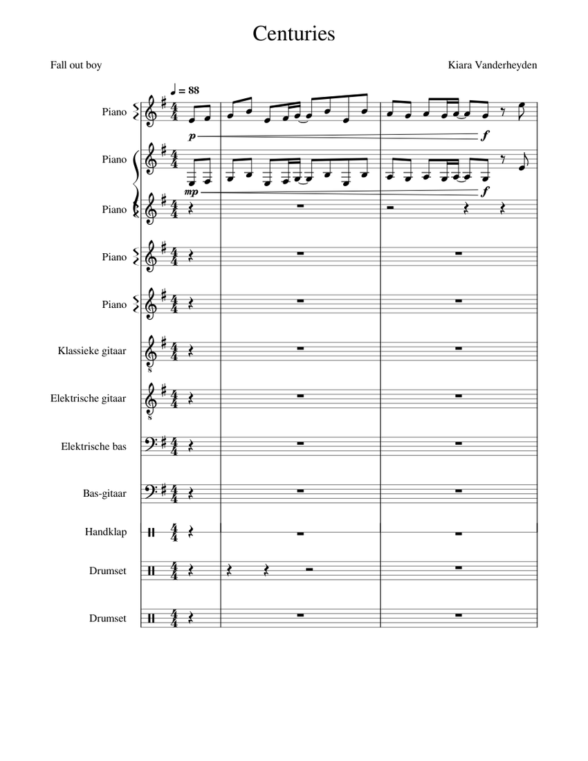 Centuries by fall out boy Sheet Music for Piano, Guitar, Bass guitar ...
