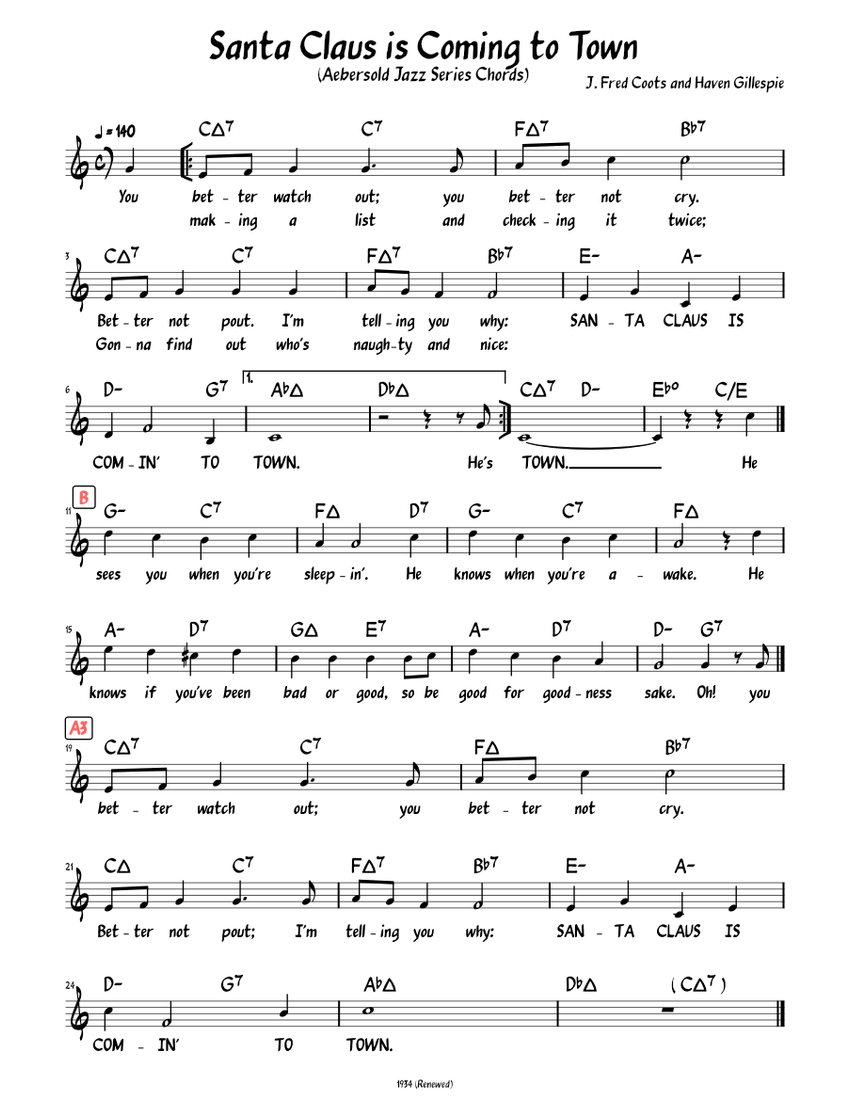 Santa Claus is Coming to Town (Lead sheet with lyrics ) Sheet Music ...